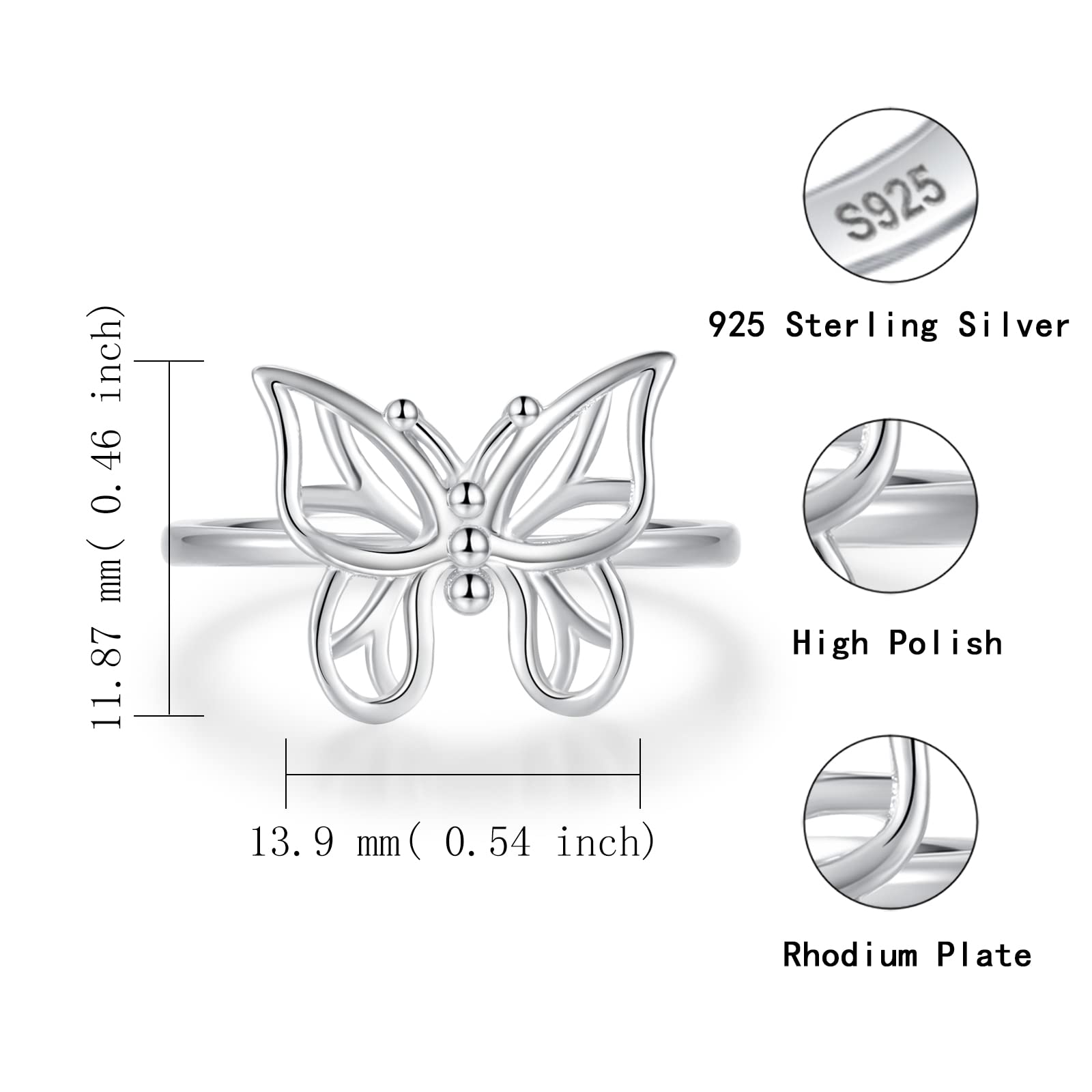 Simple Butterfly Rings for Women Sterling Silver Stackable Filigree Butterfly Ring Jewelry Wife Daughter Mom (A, 8)