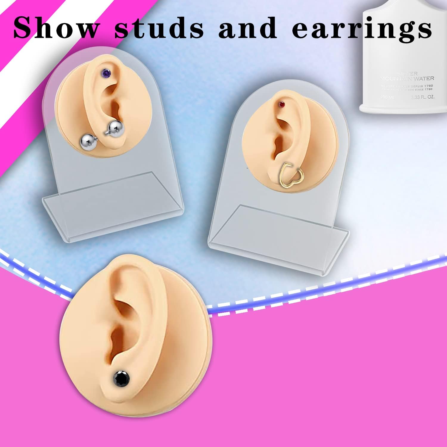 TOUNALKER 1Pcs Soft Silicone Ear Model, Reused Flexible Ear Mold Fake Ear with Acrylic Stand Ears Stud, Simulation Rubber Ear for Piercing Practice Jewelry Display