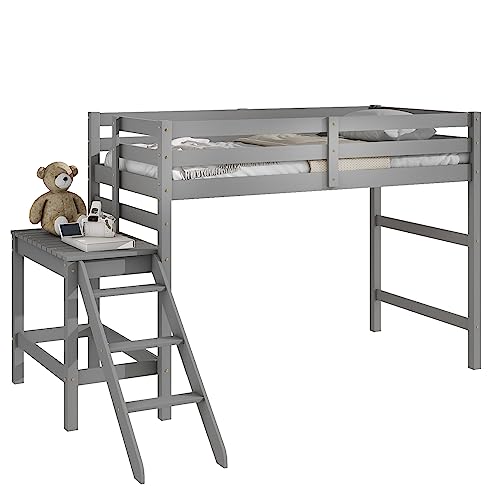 LETSHOME Twin Loft Bed with Platform, Wooden Low Height Loft Bed Frame with Ladder, Metal Loft Bed Frame for Kids Teens Adults, Twin Size for Bedrooms