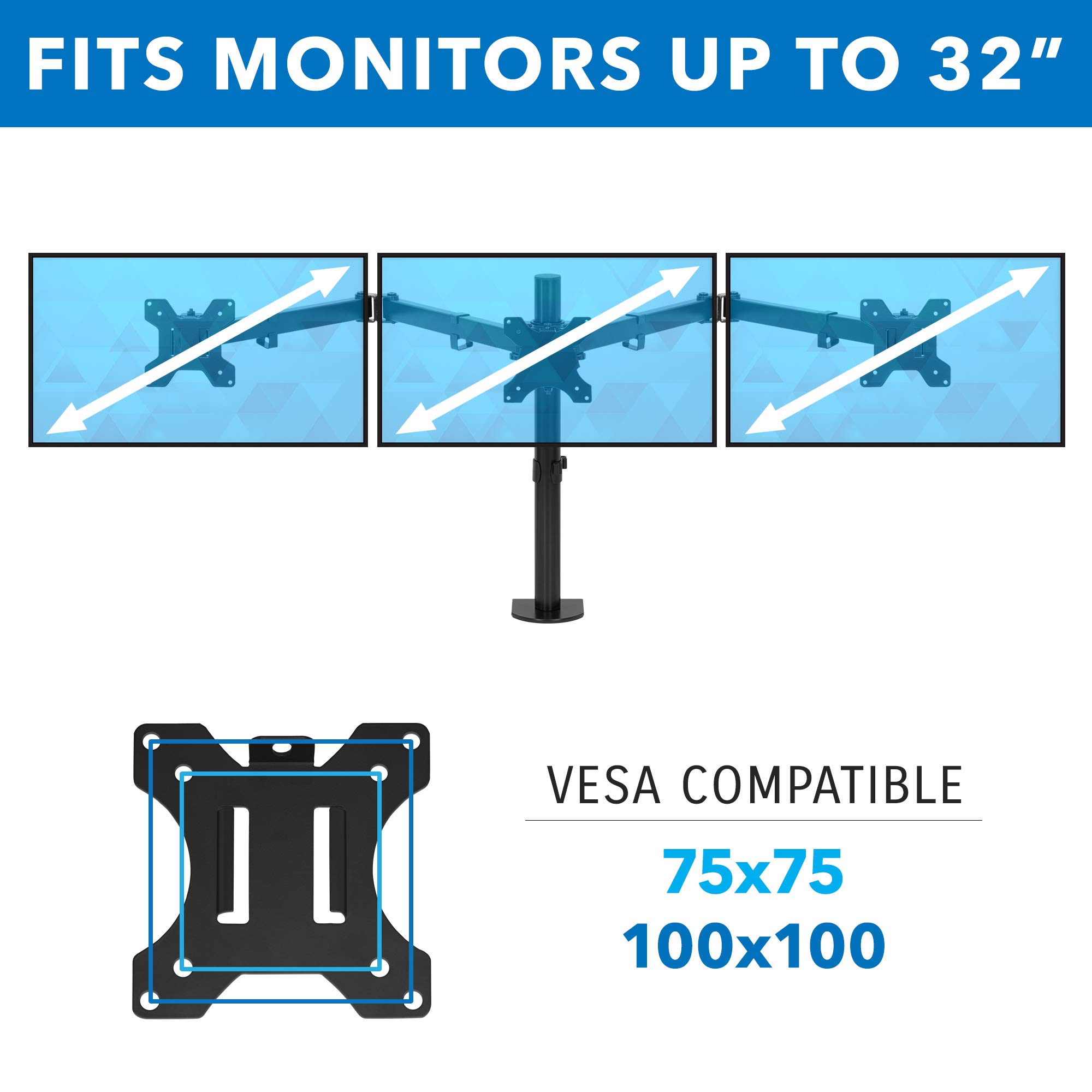Mount-It! Triple Monitor Mount | 3 Computer Screen Desk Stand with Clamp and Grommet Base Fits Up to 24, 27, 32 Displays | Universal VESA Pattern 75x75 and 100x100