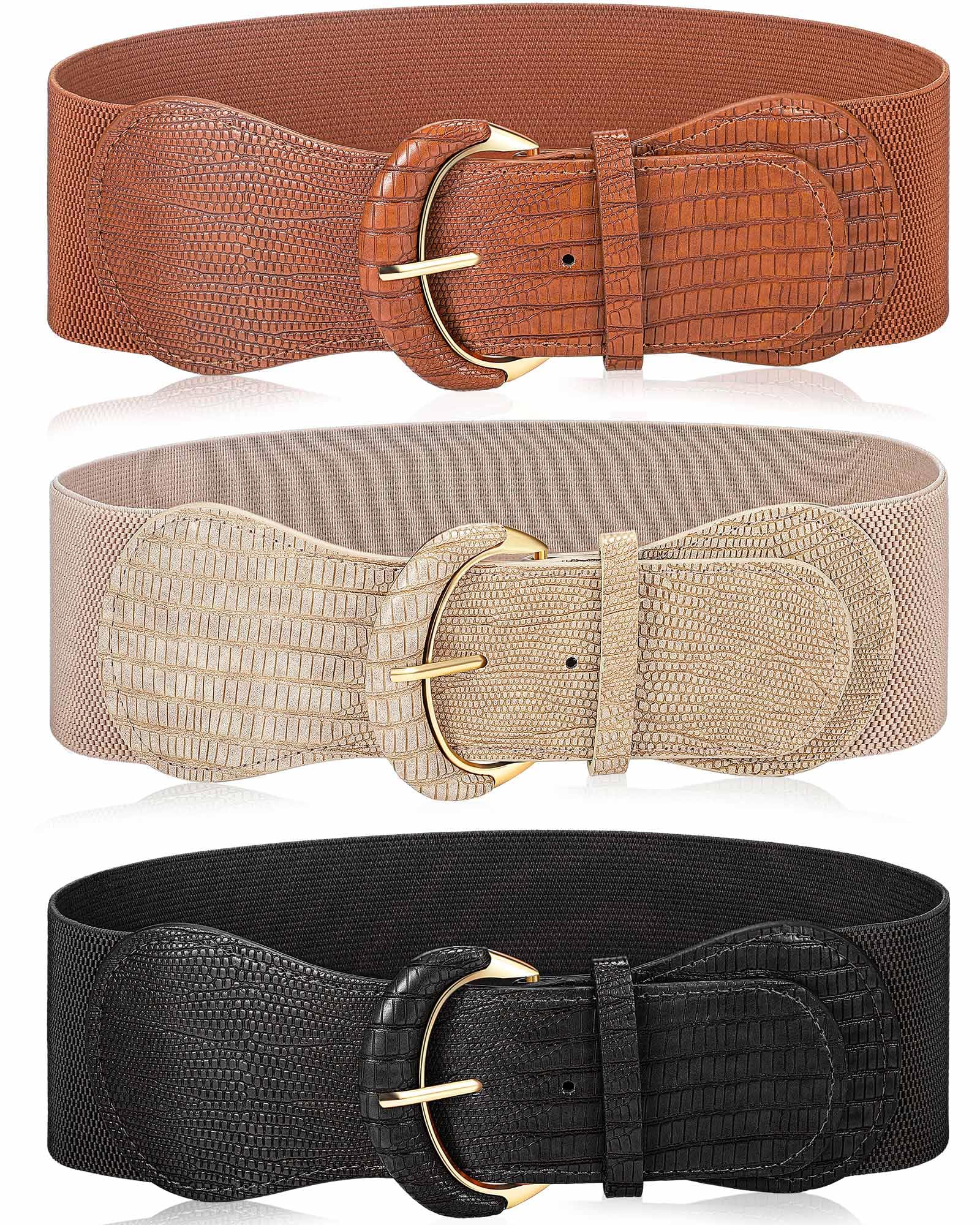 SATINIOR 3 Pieces Women Wide Belt for Dress Women Dress Belt Stretchy Cinch Leather Elastic Belt for Ladies Dress Decoration (Black, Khaki, Beige with Gold Buckle,S)