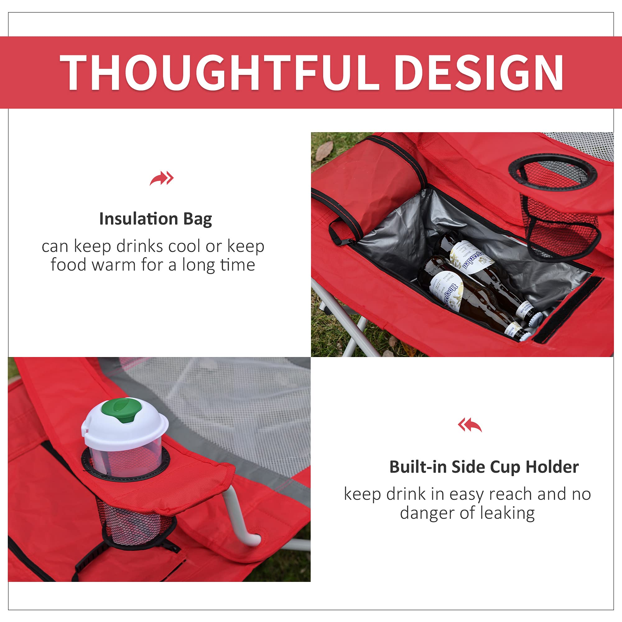 Outsunny Folding Camping Chair with Portable Insulation Table Bag, Two Cup Holders for Beach, Ice Fishing and Picnic, Red