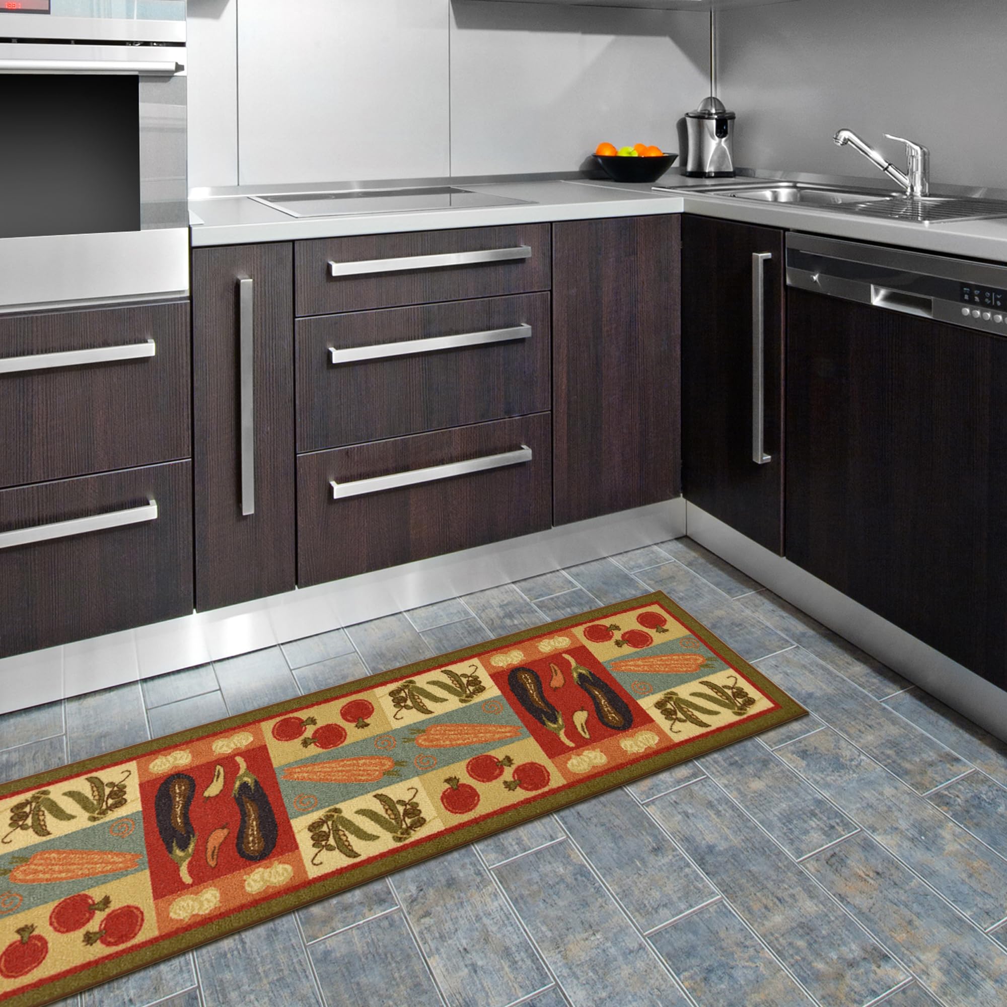 Machine Washable Vegetables Design Non-Slip Rubberback 2x5 Indoor Kitchen Runner Rug for Hallway, Kitchen, Living Room, Bedroom, Entryway, 20" x 59", Olive Green