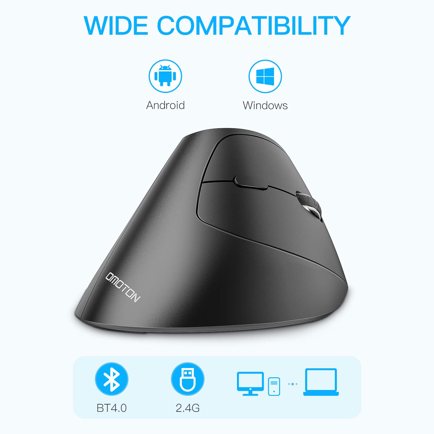 OMOTON Ergonomic Mouse, 2.4G Wireless Bluetooth Vertical Mouse with Adjustable DPI 800/1600/ 2400 and 6 Buttons for Laptop, Desktop, PC, MacBook and More, Black