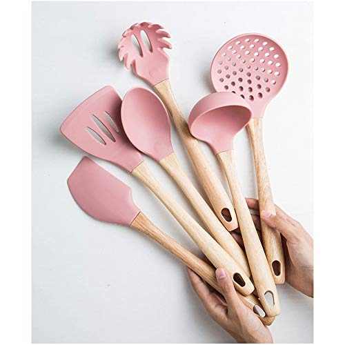 LMMDP Silicone Kitchen Set Cooking Tool Utensils Set Spatula Soup Spoon with Wooden Handle Special Heat-resistant Design