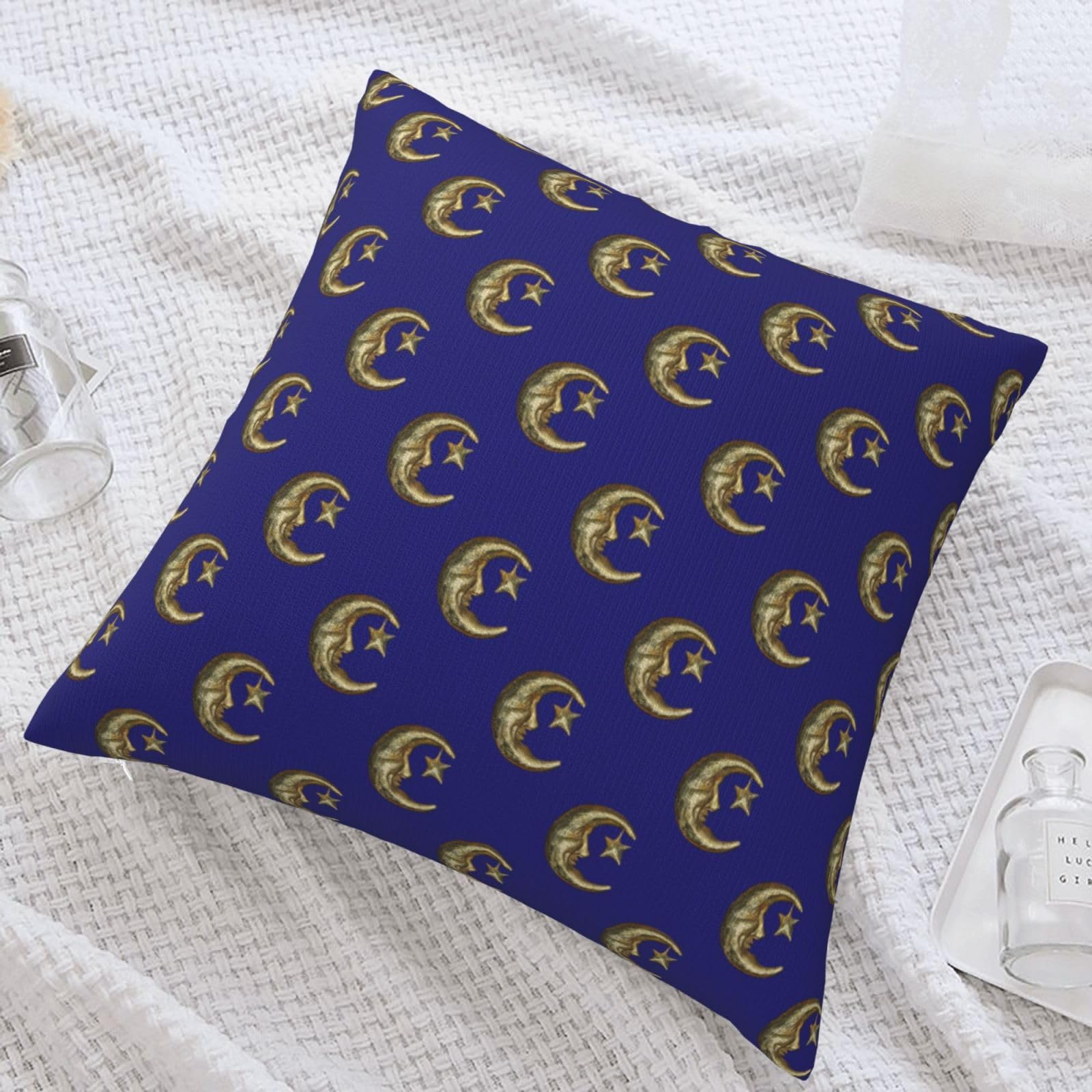 Lukbfall Bronze Moon Star Decorative Pillow Cover 18 X 18 Inch Bright Blue Moroccan Style Pillowcases Cushion Cover Square Throw Pillow Cover for Couch Sofa Bed Living Room Bedroom