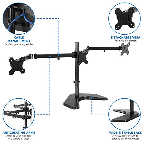 Mount-It! Triple Monitor Stand - Freestanding Computer Desk Mount Fits Up to 27 Inch Monitors, VESA 75, 100 Compatible