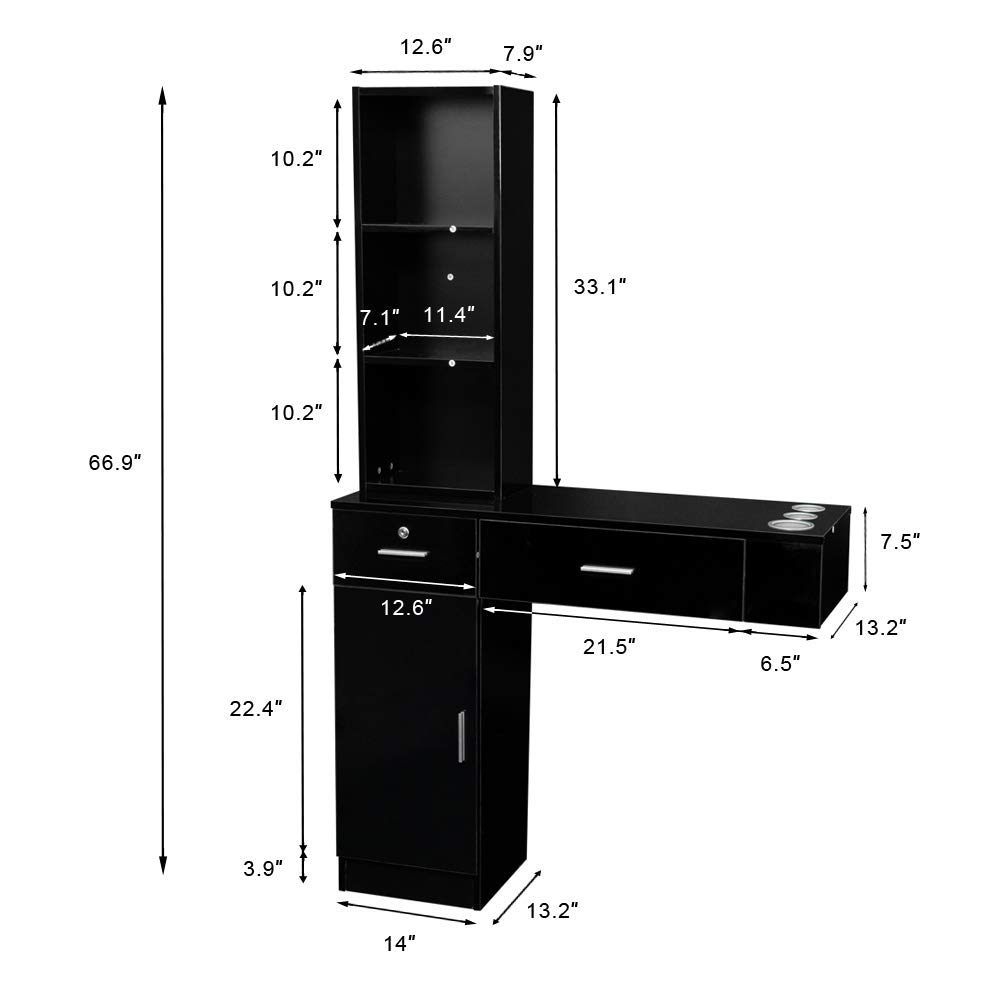 mefeir Wall Mount Hair Styling Barber Station Beauty Hair Salon Spa Equipment Set with 3 Tier Shelf, Lockable Drawer & Cabinet, Easy Assembled (Black)