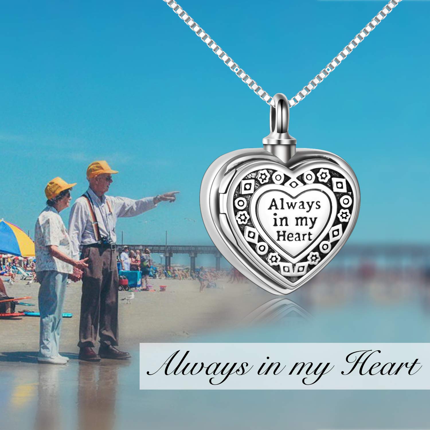 ONEFINITY Sterling Silver Locket for Ashes Always in My Heart Urn Necklace for Ashes Heart Locket That Holds Pictures for Women Ashes Necklace Keepsake Memorial Ash Jewelry