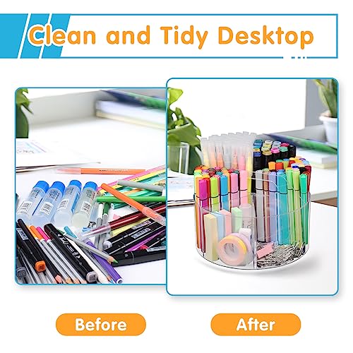 Mefirt Acrylic Pen Holder, Large 360 Degree Rotating Pen Organizer, Rotating Desk Organizer Acrylic Office Organizer with 6 Compartments, Marker Organizer Kid Crayon Caddy Art Supply Storage Organizer