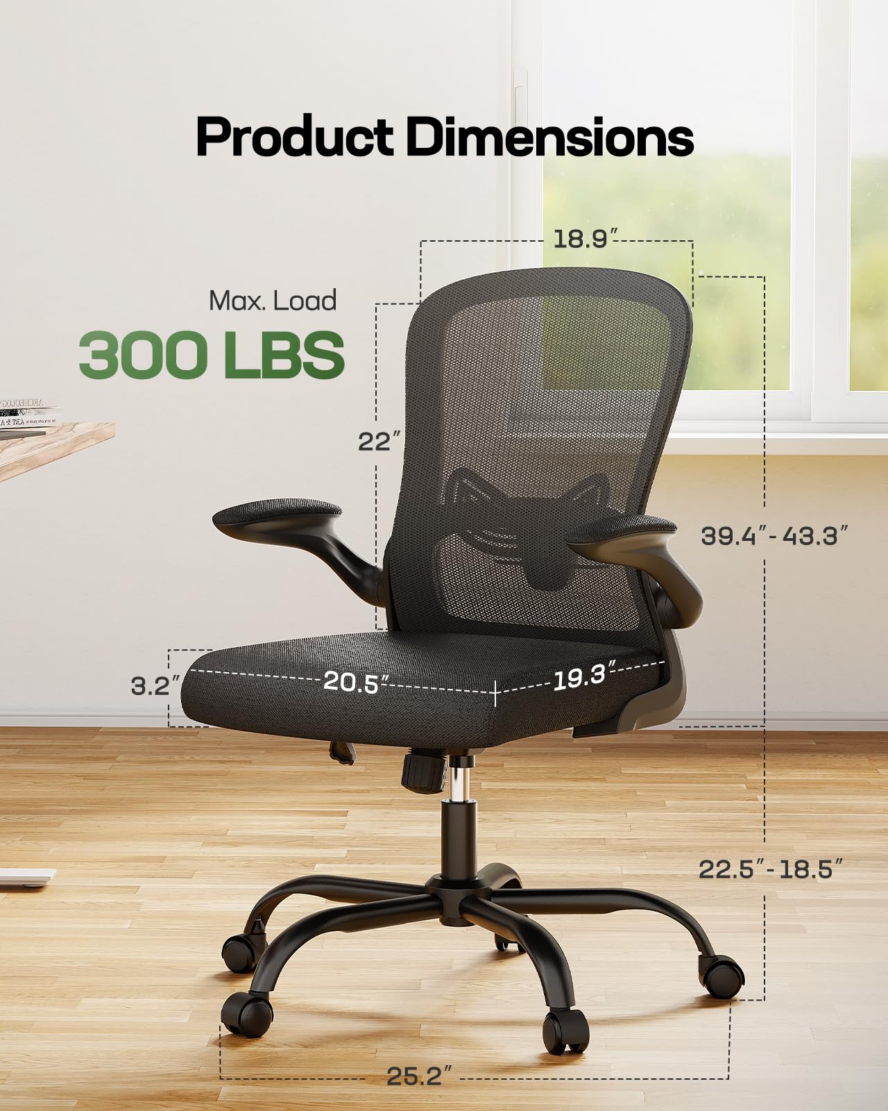 Marsail Office Chair Ergonomic-Desk Chair: Mesh Back Home Office Chair with Adjustable Lumbar Support, Computer Desk Chair with Flip-up Armrests Swivel Home Office Task Chair(Black)