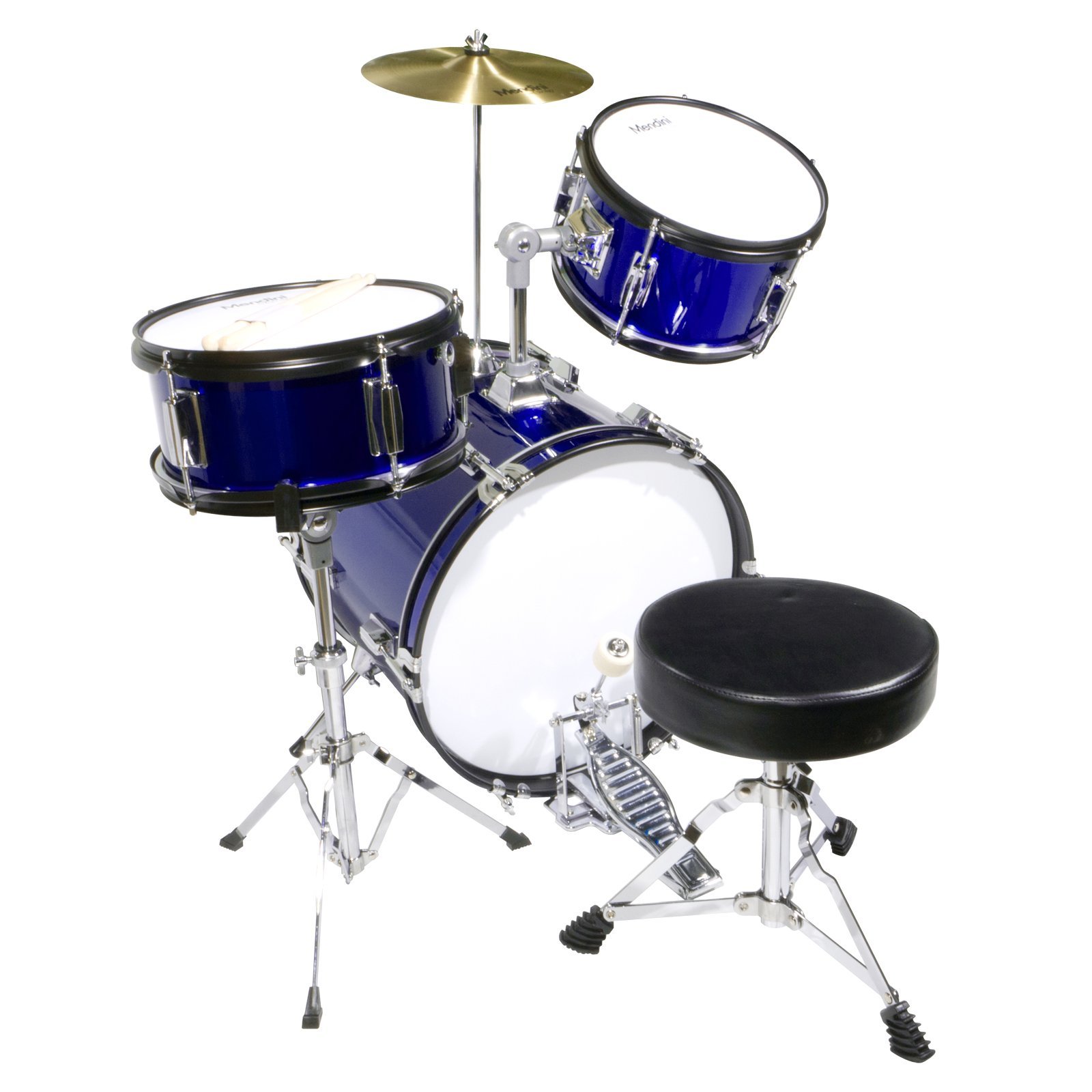 Mendini By Cecilio Drum Set β 3-Piece Kids Drum Set (16"), Includes Bass Drum, Tom, Snare, Drum Throne - Musical Instruments for Age 6-12, Metallic Blue Drum Kit