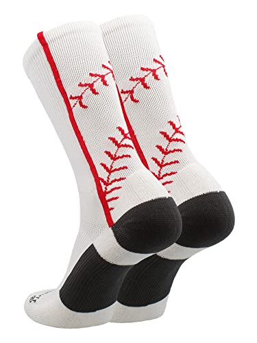MadSportsStuff Baseball Socks with Stitches in Crew Length (White/Red, Small)