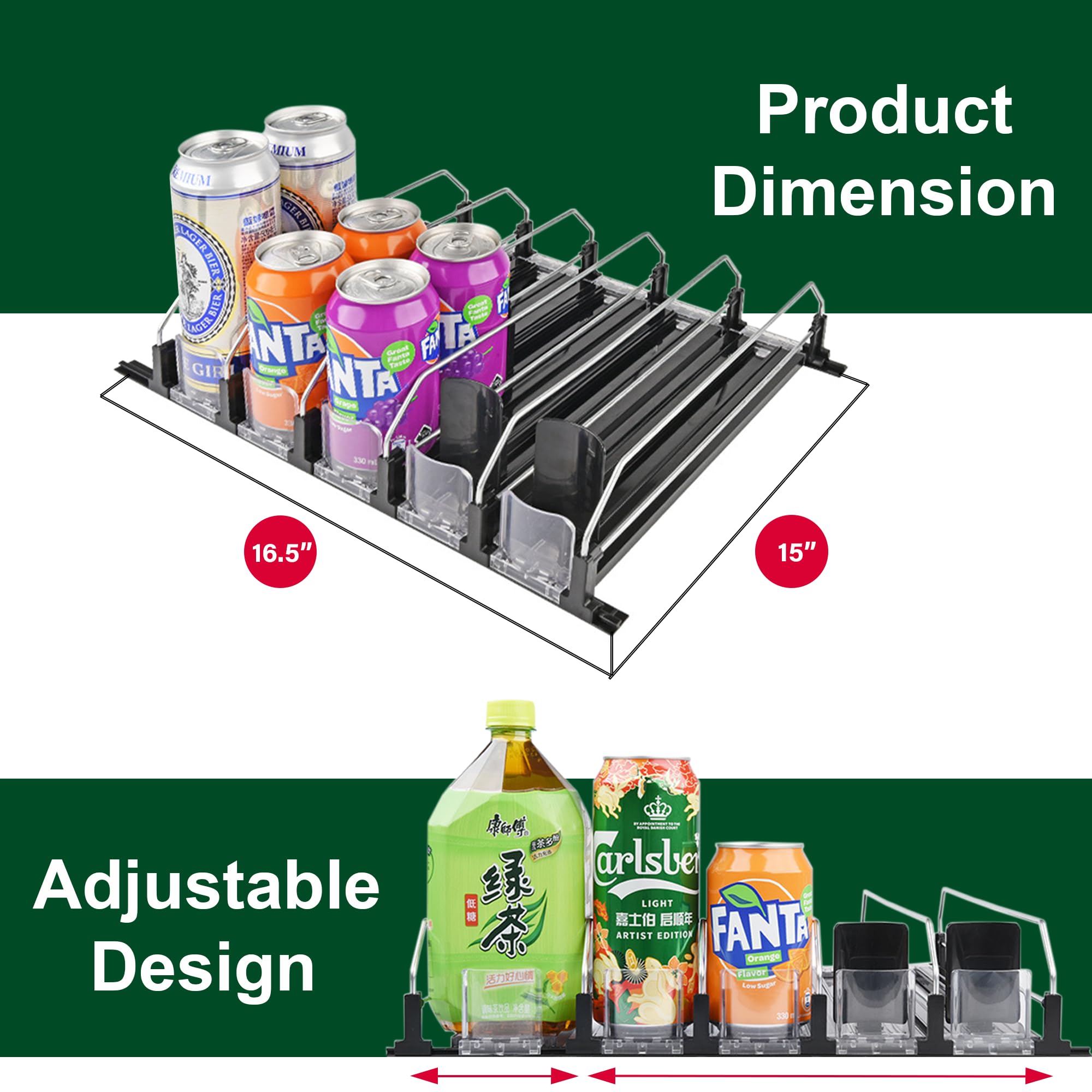 Loyareal Drink Organizer for Fridge, 12oz 16oz 20oz Soda can Dispenser for Refrigerator, Self-Pushing Drink Organizer for Fridge, and Adjustable Width, Hold 25 cans (5 Rows, 15"D)