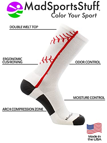 MadSportsStuff Baseball Socks with Stitches in Crew Length (White/Red, Small)