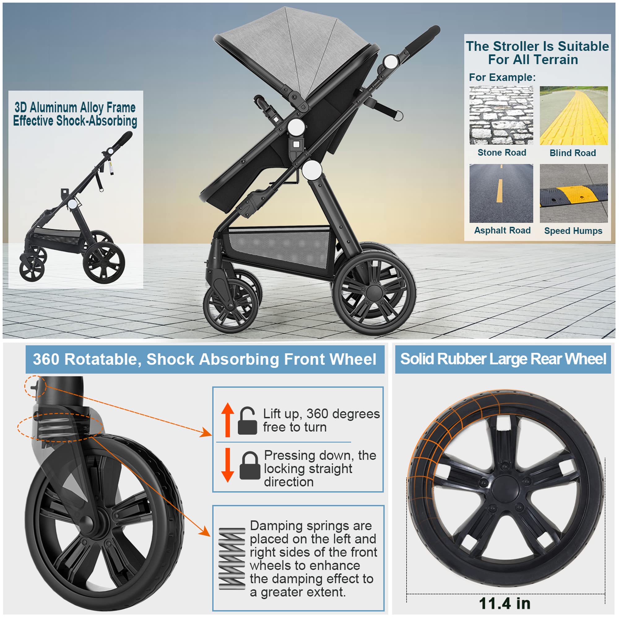 Newborn Infant Baby Bassinet Stroller - Sleeping & Sitting Mode 2 in 1 All Terrain High Landscape Shock Absorption Sunshade Comfortable Baby Toddler Strollers for 0-36 Months Old Babies Light Purple