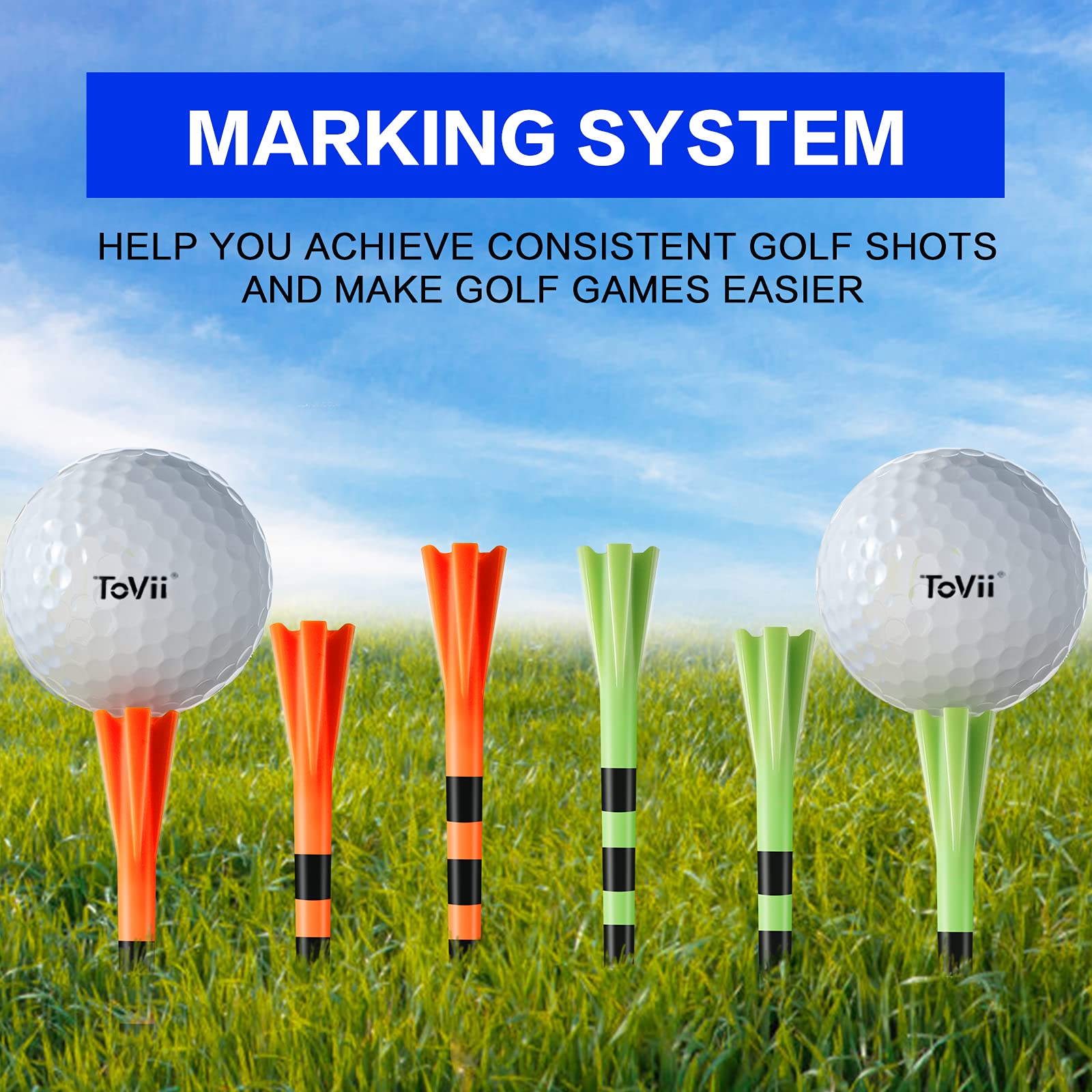 ToVii 3-1/4" Plastic Golf Tees 80 Pack | Reduces Friction & Side Spin 5 Prongs Golf Tees plastic (Orange/Blue)