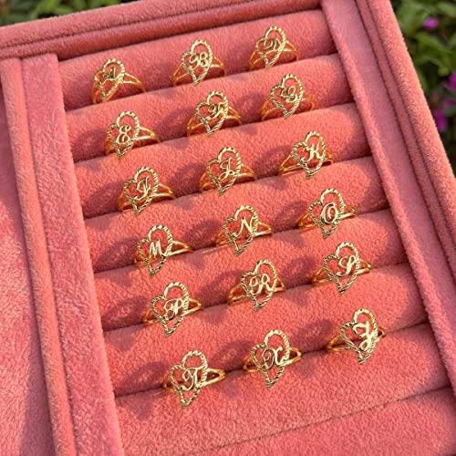 SPRING YOW 26 Initials Heart Ring Gold Plated & Rose Gold Jewelry For Women Adjustable Rings Mother Day - L - Rose Gold - Resizable