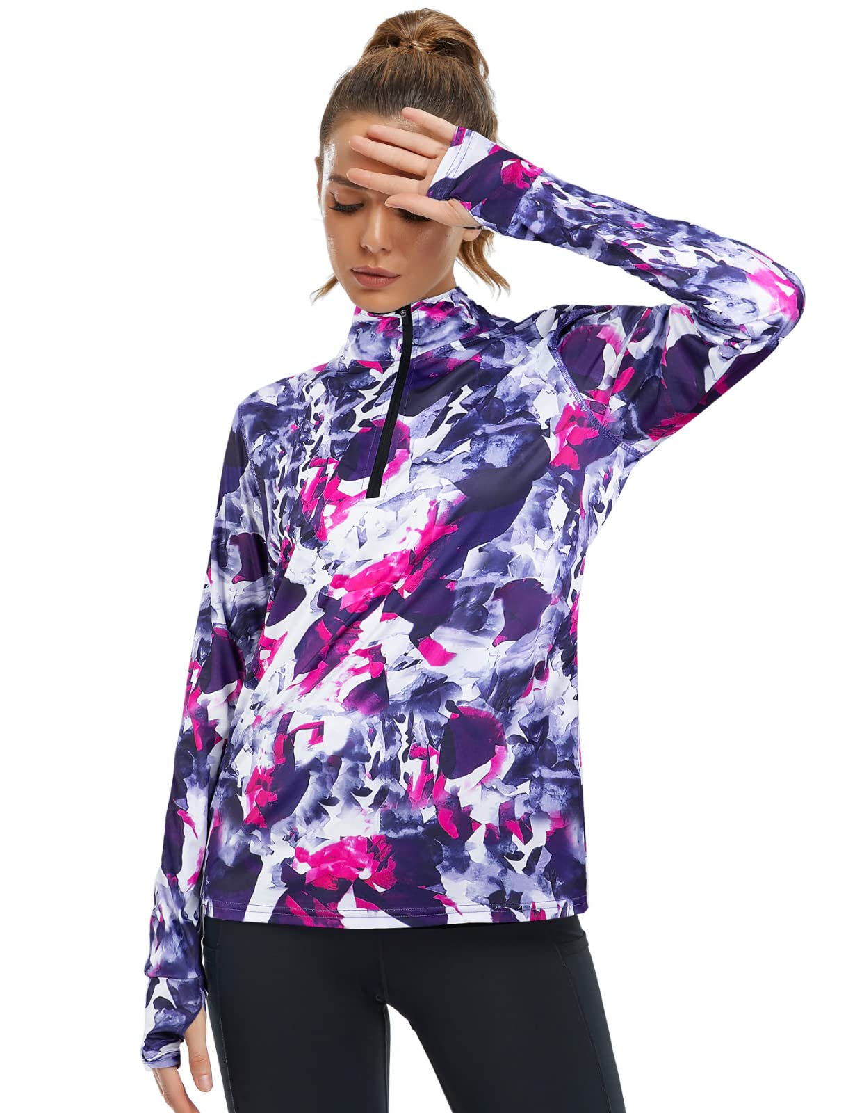 Tanst Sky Half Zip Pullover Women, Long Sleeve Moisture Wicking Workout Shirts Dry Fit SPF Sun Protection Running Hiking Golf Clothing Winter Athletic Jackets Activewear Tops Tie Dye Large