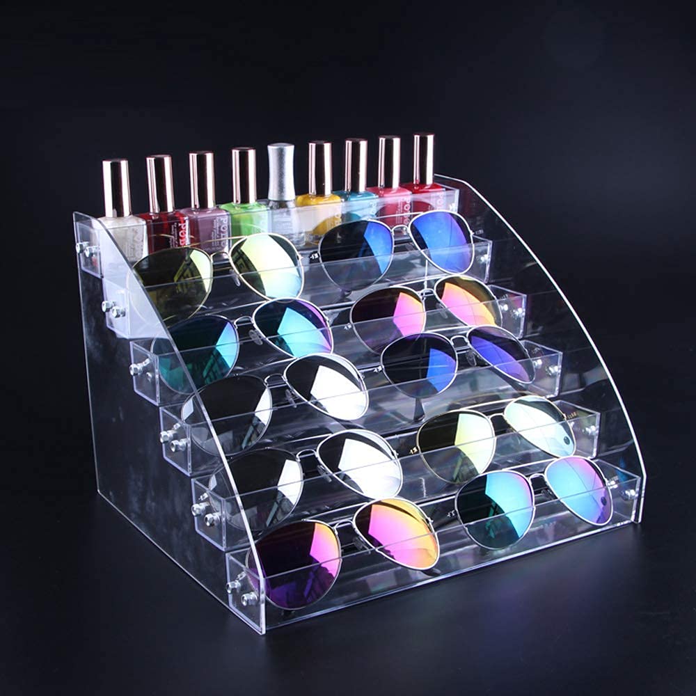 MineDecor 10 Piece Plastic Sunglasses Organizer Clear Eyeglasses Display Case 5 Tier Eyewear Storage Tray Box For Glasses Tabletop Holder Stand