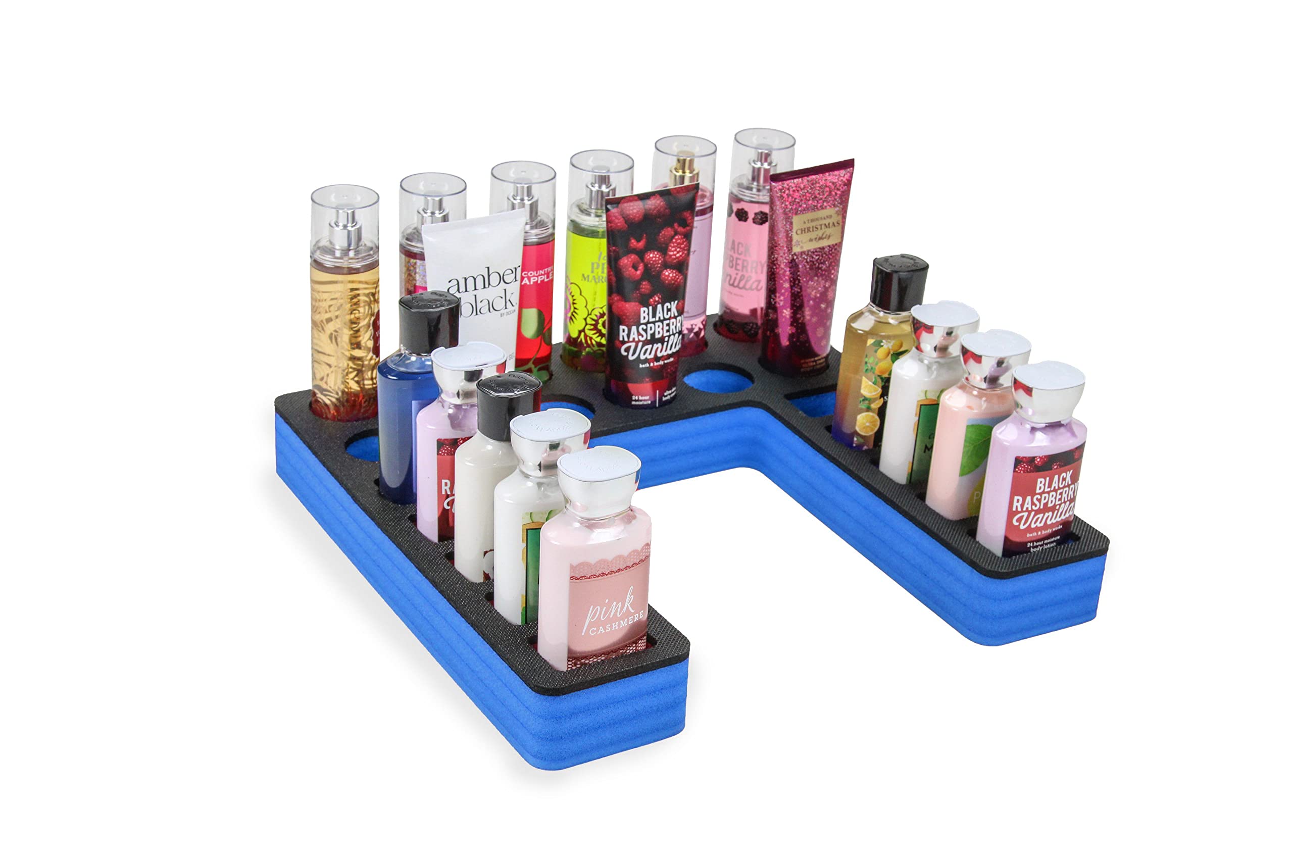Polar Whale Lotion and Body Spray Stand Organizer Tray Blue and Black Durable Foam Washable Waterproof Insert for Home Bathroom Bedroom Office 16.25 x 16.25 x 2 Inches 22 Slots