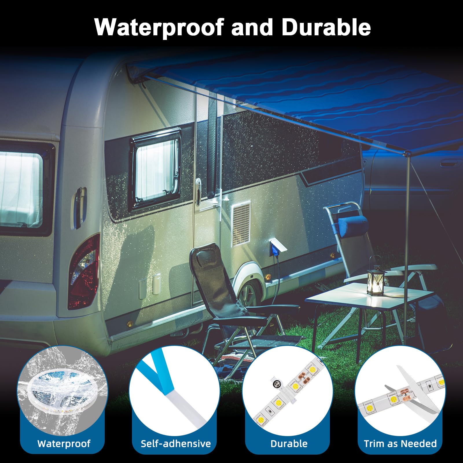 LPHUMEX RV Awning Lights, 16.4FT White Camper Awning Lights for Outside Awning, Waterproof RV Led Light Strip for Motorhome Travel Trailer Canopy with Extension Cable