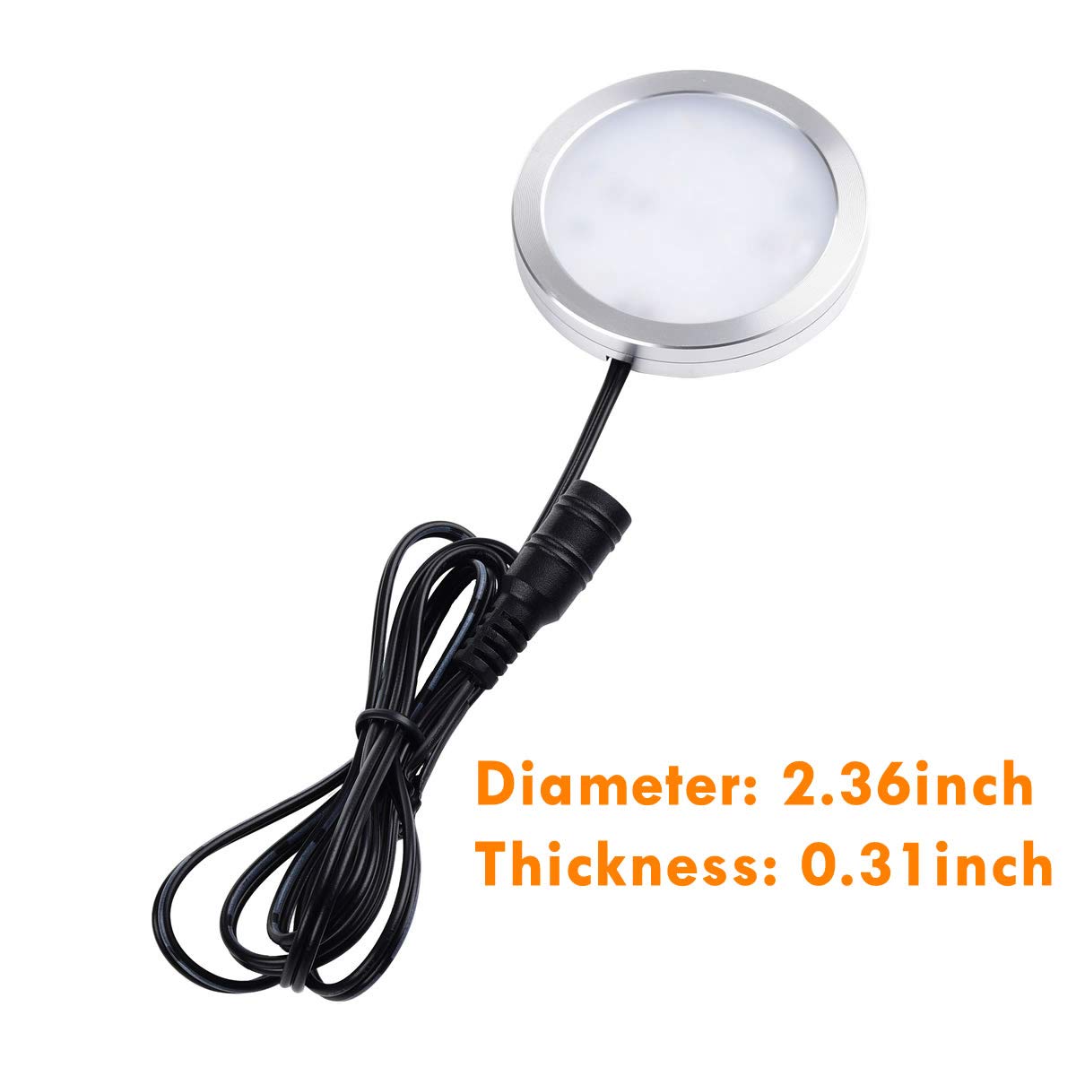 Lvyinyin Single LED Puck Light for Under Obove Cabinet Counter Bar Shelf Back Lighting, 120V Electric Direct Wall Plug in, Handy On Off Switch, Black Cables, 2 Packs, Warm White