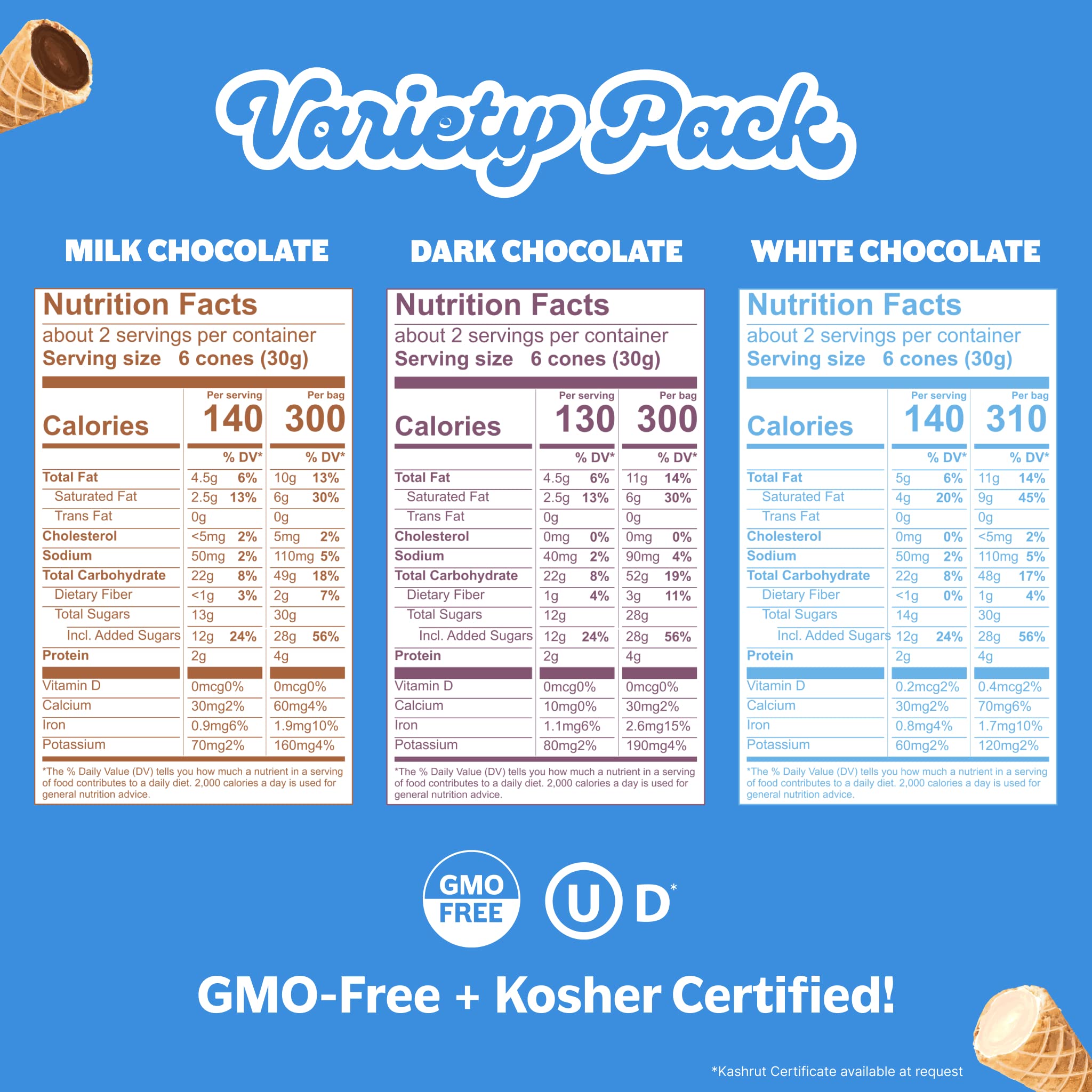 Muddy Bites Waffle Cone Snacks Bite Sized Chocolate Filled Waffle Cones for Snack or Dessert, Ice Cream Topping, Premium Chocolate made with Pure Cane Sugar, Non-GMO, Kosher (Variety Pack, 6 Bags)