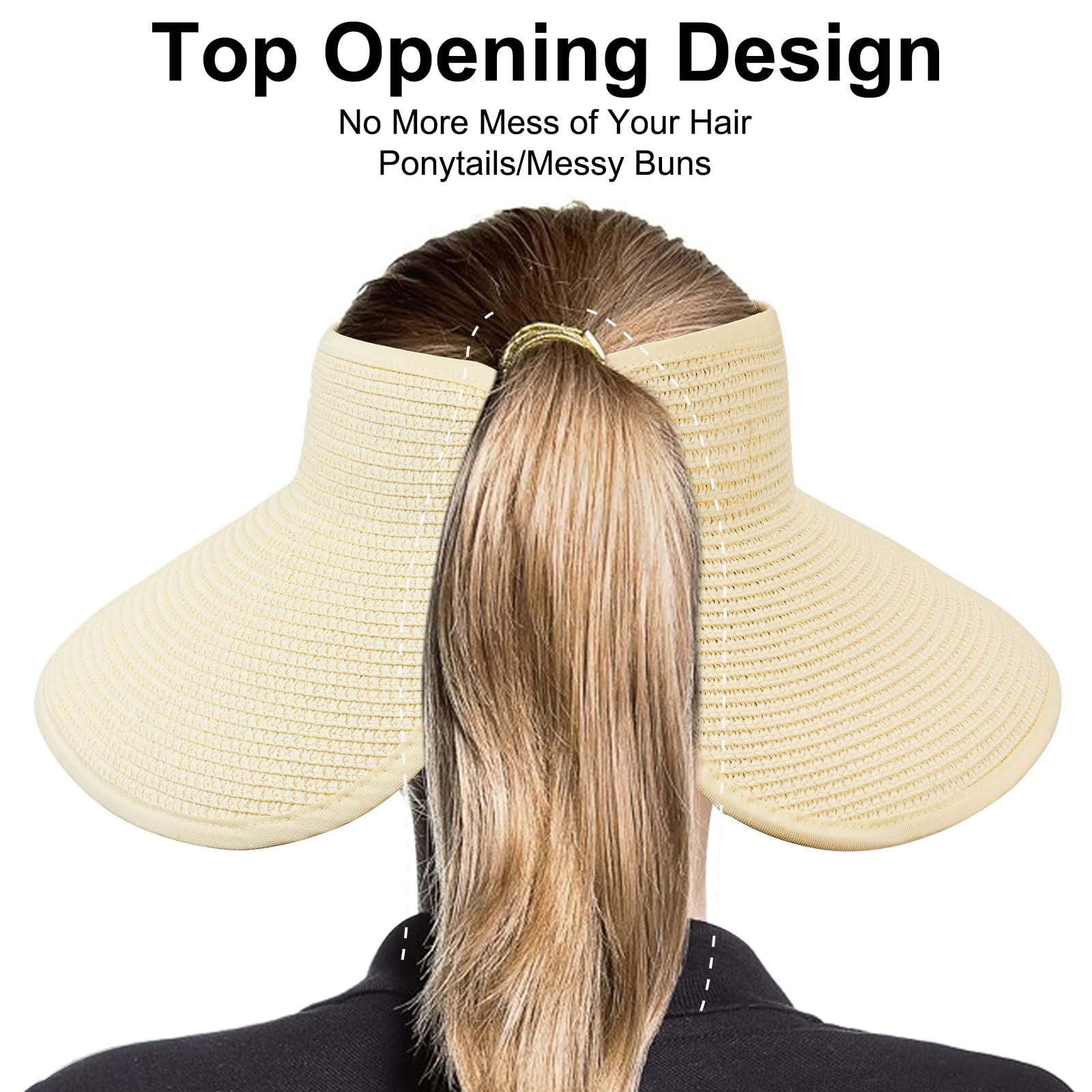 VIFUUR Sun Straw Hats Roll-up Ponytail Wide Brim Summer Visor for Womens Beach Hat Packable UPF UV Travel Brown