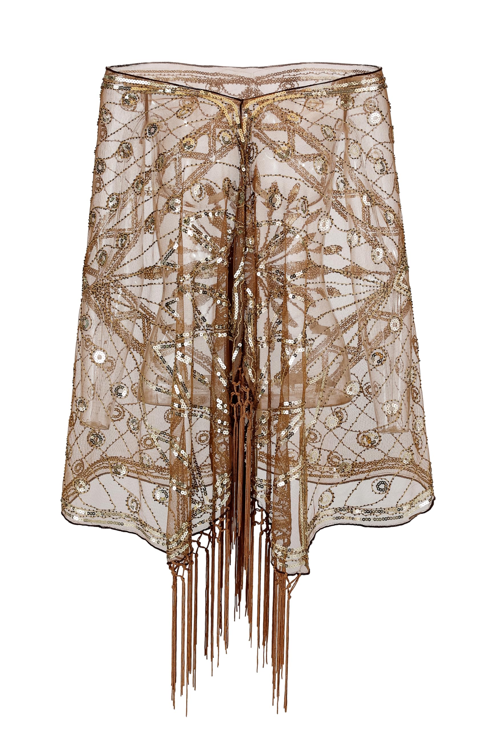 Metme Women's 1920s Scarf Wraps Sequin Deco Fringed Wedding Cape Evening Shawl Vintage Prom (Coffee Gold)