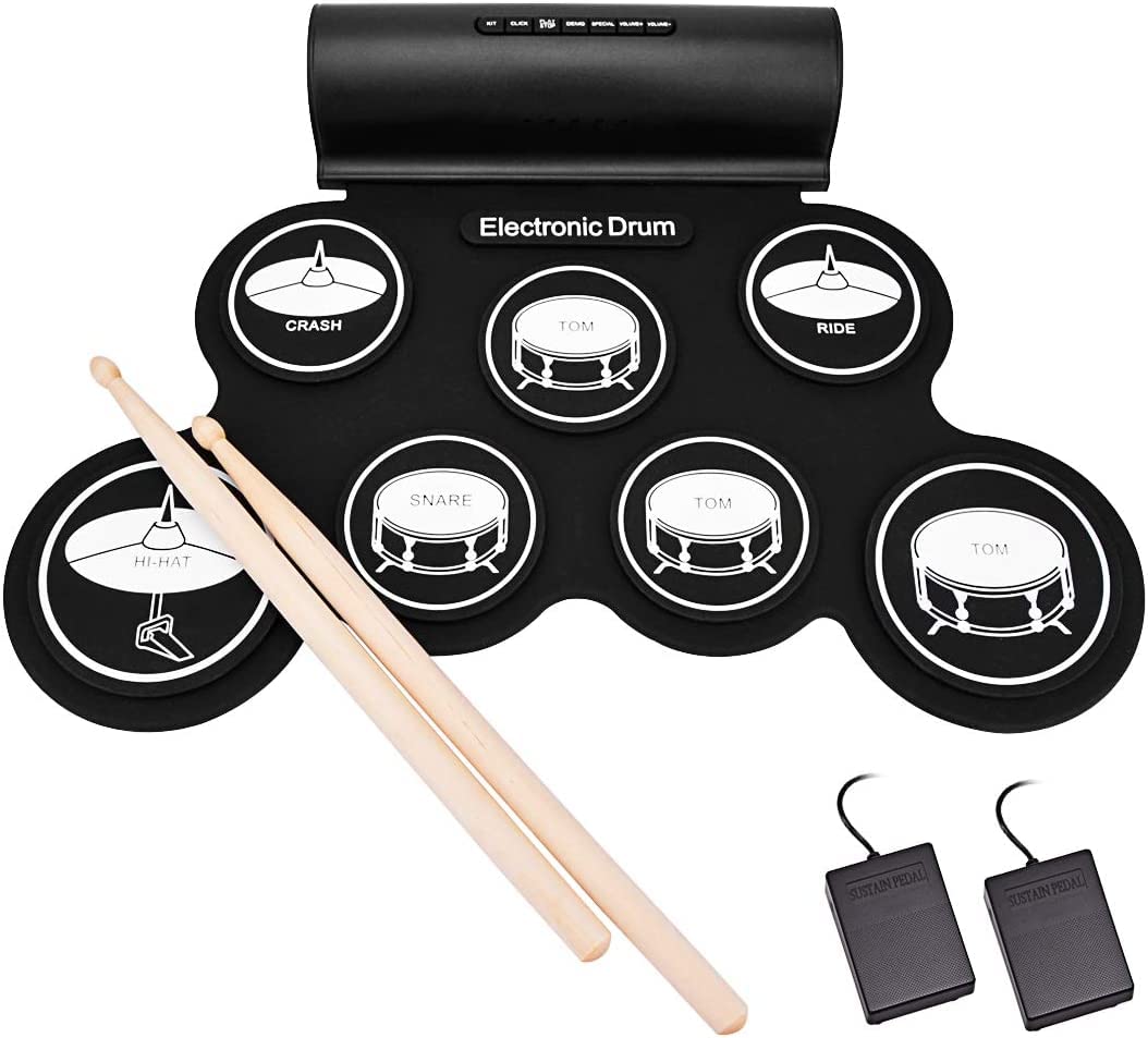 TPEDDII Electric Drum Set for Kids, Roll-up Drum Pad Machine with Headphone Built-in Speaker Drum Sticks Foot Pedals 10 Hours Playtime, Great Holiday Xmas Birthday Gift for Kids