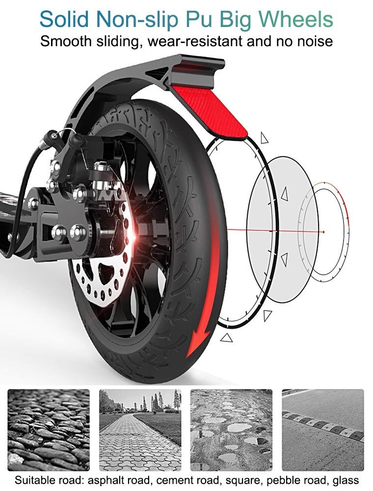 LXLA - Folding Adult Kick Scooter with Disc Handbrake, Big Wheels Dual Suspension Commuter Scooter, Adjustable Height, Supports 220lbs