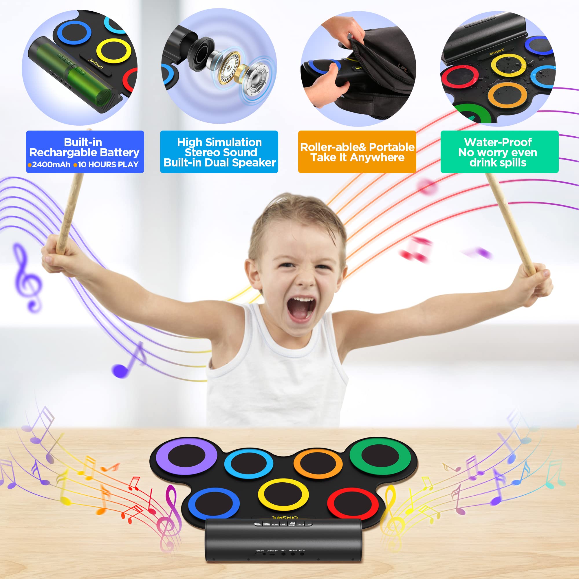 ORASANT Real-Effect Rechargeable Portable Electronic Drum Set, Multi-Functional Electric Drum Set, Volume Adjustable Built-in Speaker Foot Pedals Drum Sticks Headphone-Jack 10H Playtime, Birthday Gift