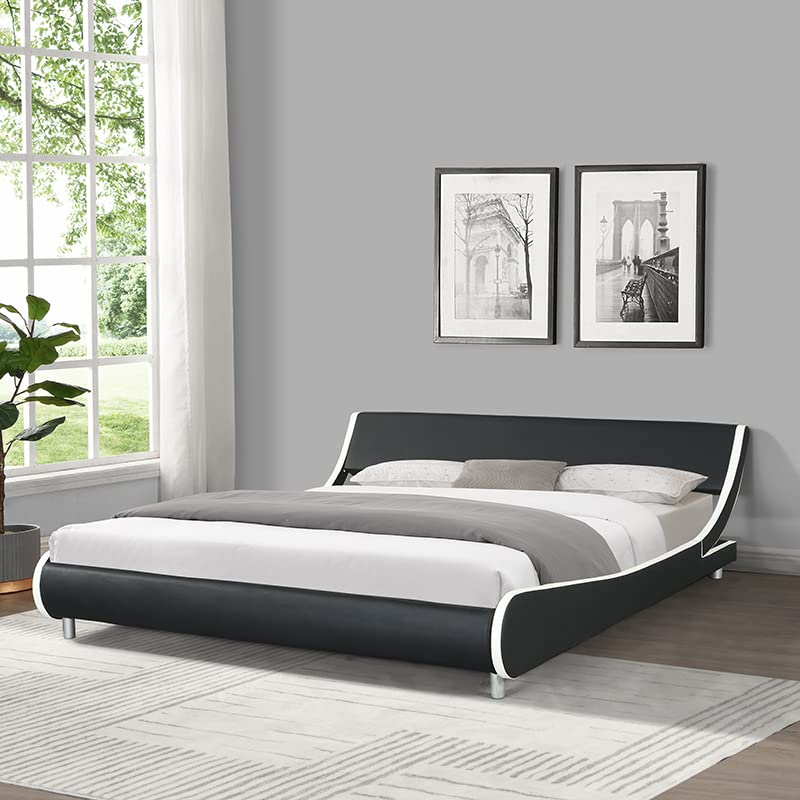 MegaChunk Faux Leather Upholstered Platform Bed Frame, King Size, Curve Design, Wood Slat Support, No Box Spring Needed, Easy Assemble, Black+White