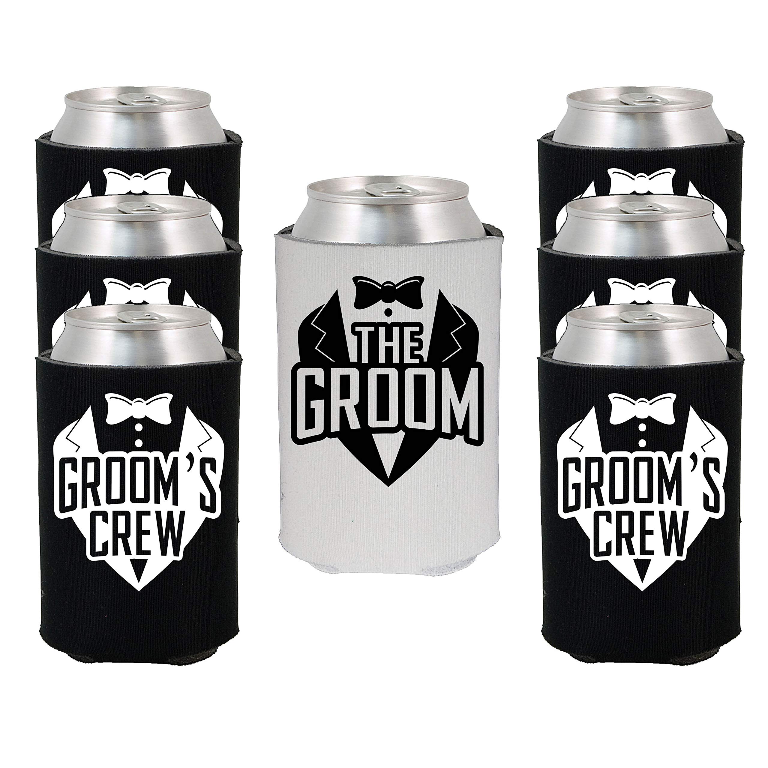 The Groom Tuxedo and Groomâs Crew Tuxedo Wedding Can Sleeve Cooler Insulated Drink Coozies Soda Beer Hugger Coolies (Crew Tux, 7 Pk)