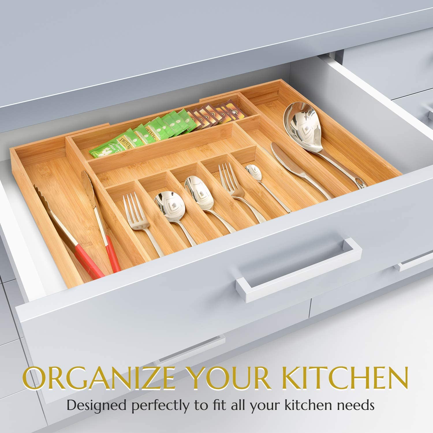 Signature Living Bamboo Expandable Utensil Drawer Organizer, Premium Bamboo for Cutlery, Flatware, Silverware - Drawer Dividers for Easy Storage (8-10 Slots)