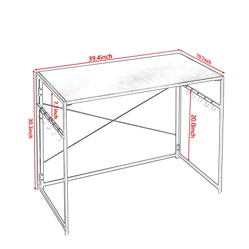 Mr IRONSTONE 39.4” Folding Computer Desk, Writing Desk Easy Assembly with 10 Hooks, Foldable Metal Frame, Writing Workstation Laptop Table for Home Office (Laminate Marble)