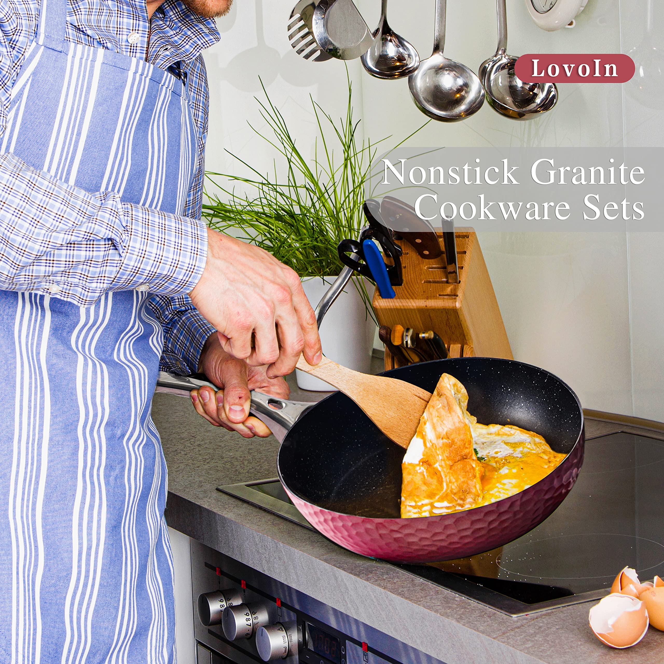 LovoIn Nonstick Cookware Set 16-Piece Hammered Kitchen Ware Pots & Pans Set Induction Cooking Pots Even Heating Pans, Oven/Stovetop Safe for Family Meals, Pink