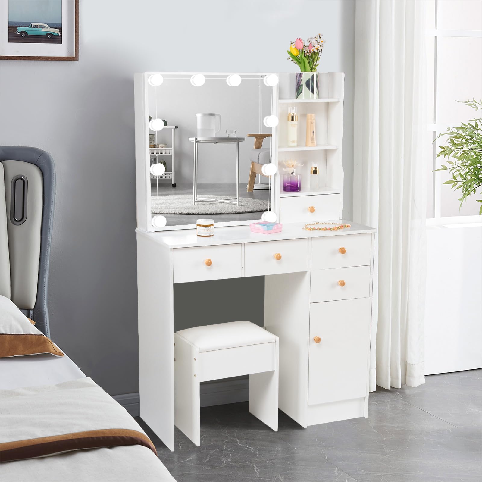 Logimiz Vanity Desk with Mirror and Lights-3 Colors and Brightness Adjustable, Girls Makeup Vanity with Hiding Shelves, White Vanity Set with Cabinets, Drawers and Cushioned Stool