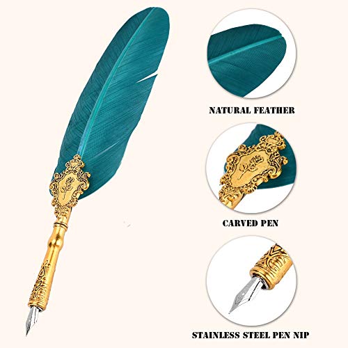 Quill Pen Feather Pen, Handmade Antique Calligraphy Pen Set, Writing Quill Pen with 5 Replacement Nibs & Empty Ink Bottle, Stationery Gift Come with Gift Box