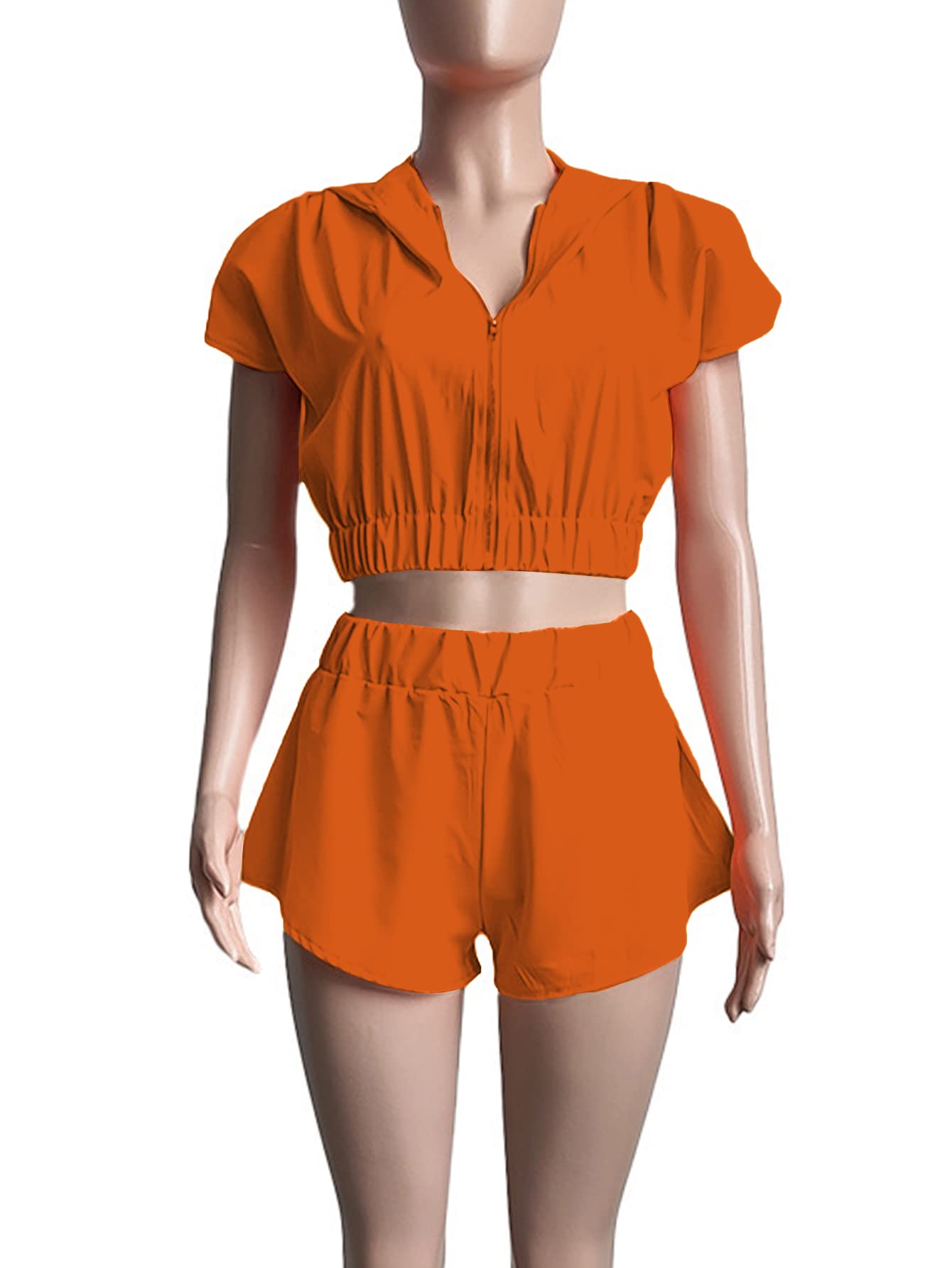 LYANER Women's Two Pieces Outfit Set Hoodies Zip Up Crop Top and Shorts Sweatsuit Orange# Medium