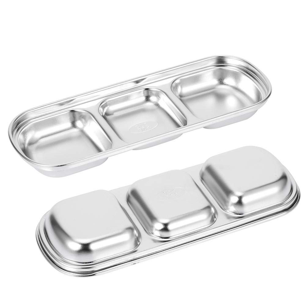 Stainless Steel Sier Sauce Dish Seasoning Dish Snack Plate Divided Food Dipping Bowl Kitchen Tableware for Salt Vinegar Sugar(3 Grids)