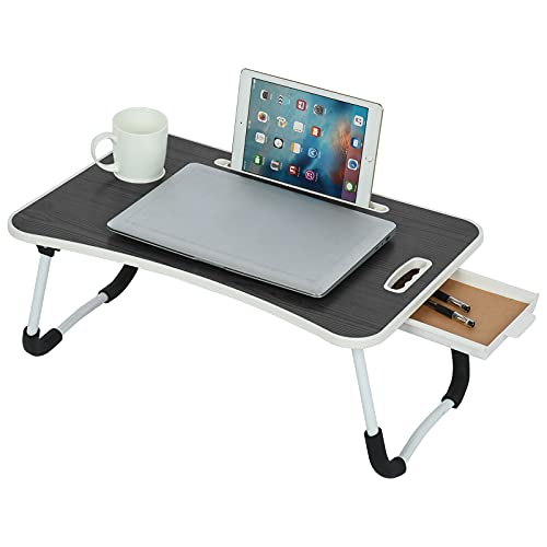 Micozy Bed Desk Laptop Table with Drawer Cup Holder Stand Groove Handle, 23.6 Inch Portable Lightweight Bed Table Tray Lap Desk for Working, Studying, Eating, Blue/Black Desk