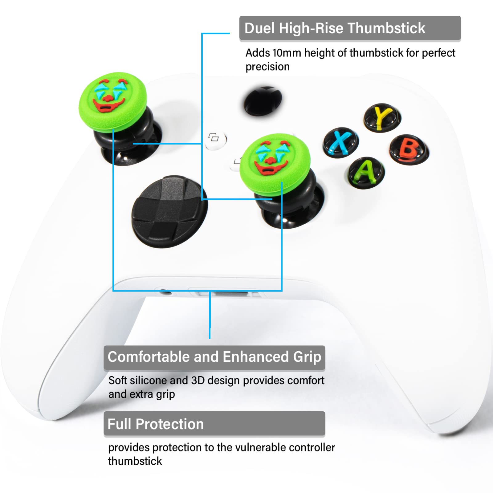 Playrealm FPS Thumbstick Extender &Texture Rubber Silicone Grip Cover 2 Sets for Xbox Series X/S & Xbox One Controller(Joker Green)