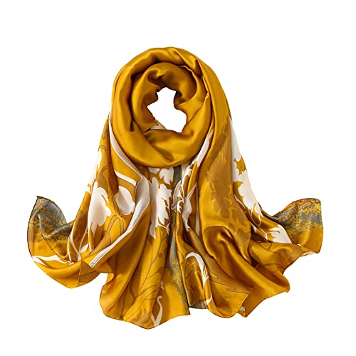 Qyx Women's Fashion 100% Mulberry Silk Large Scarf-Lady Long Designer Flower Pattern Satin Shawl Wraps for Gift (Tulip-Yellow)