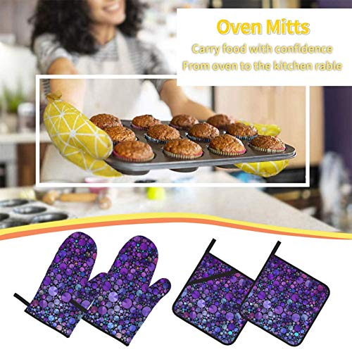 Purple Circles Oven Mitts and Pot Holders Set Heat Resistant Oven Gloves Flexible for Kitchen Cooking Baking Grilling Microwave
