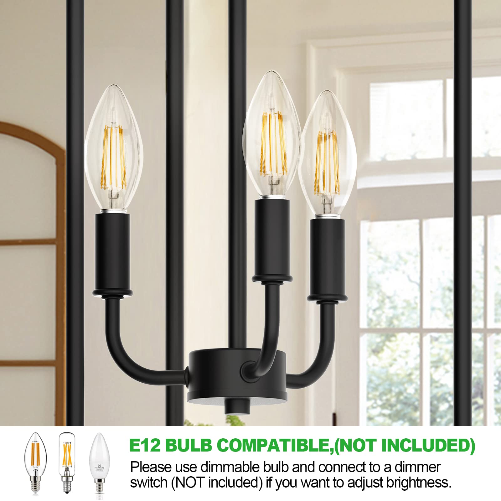 PARTPHONER Farmhouse Chandelier, Dining Room Lighting Fixtures Hanging, Modern Light Fixture Black Lantern Cage,5-Light Pendant Lighting for Kitchen Island, with Adjustable Rods
