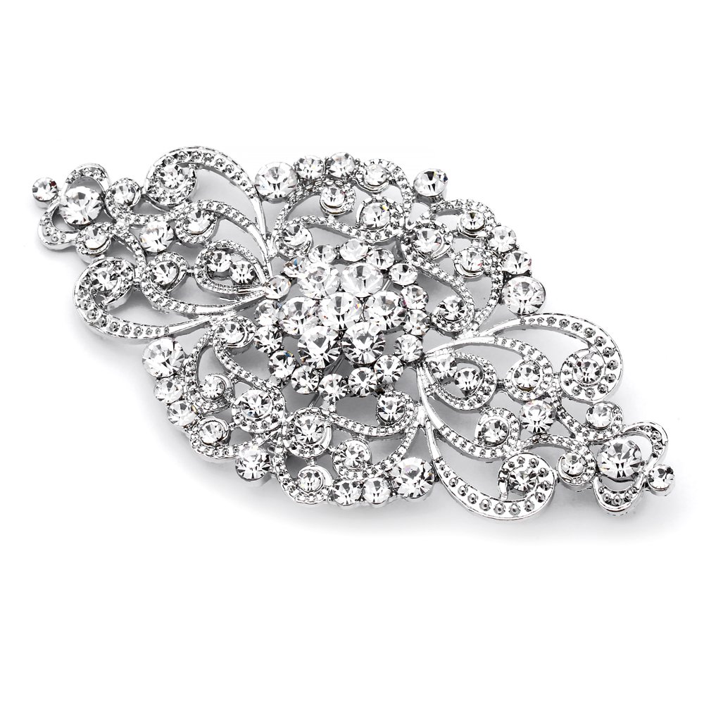 Mariell Vintage Bridal Crystal Brooch Pin, 4" Wide, Antique Silver Wedding Pin, Rhinestone Brooch for Brides and Wedding, Art Deco Fashion Accessory