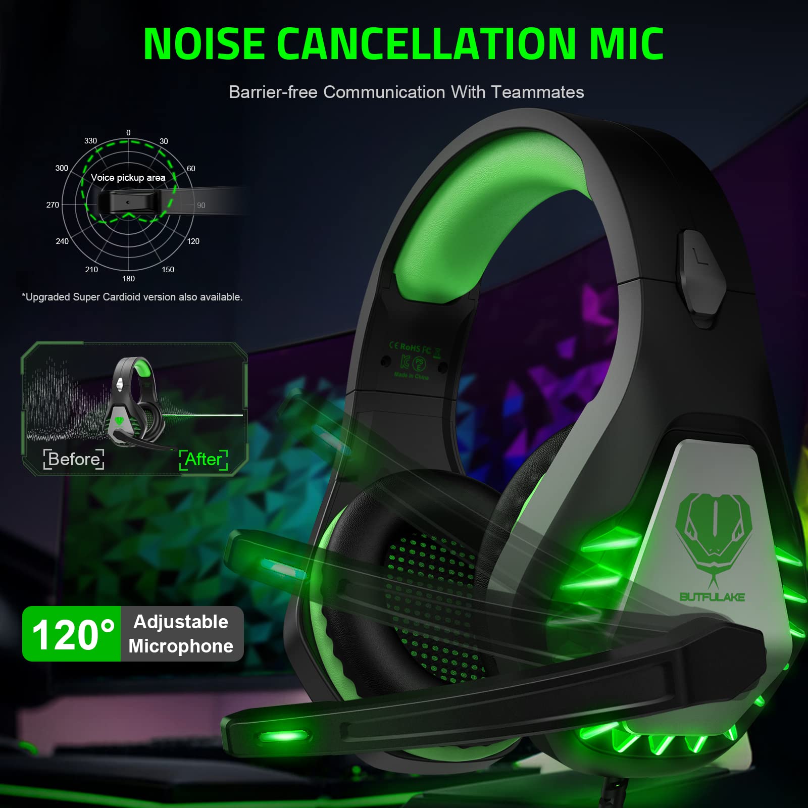 Pacrate Gaming Headset with Microphone for PC PS4 PS5 Headset Noise Cancelling Gaming Headphones for Laptop Mac Switch Xbox One Headset with LED Lights Deep Bass for Kids Adults Luxury Black
