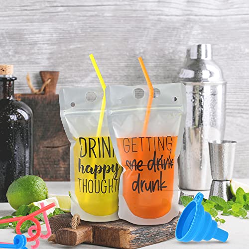 UTILE 50PCS Drink Pouches for Adults with Individually Wrapped Colorful Straws, Reclosable Zipper Smoothie Drink Bags with Multiple Texts – Heavy Duty Hand Held Translucent with Funnel Included